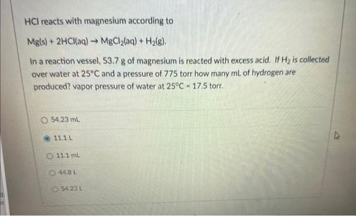 Solved HCl reacts with magnesium according to | Chegg.com