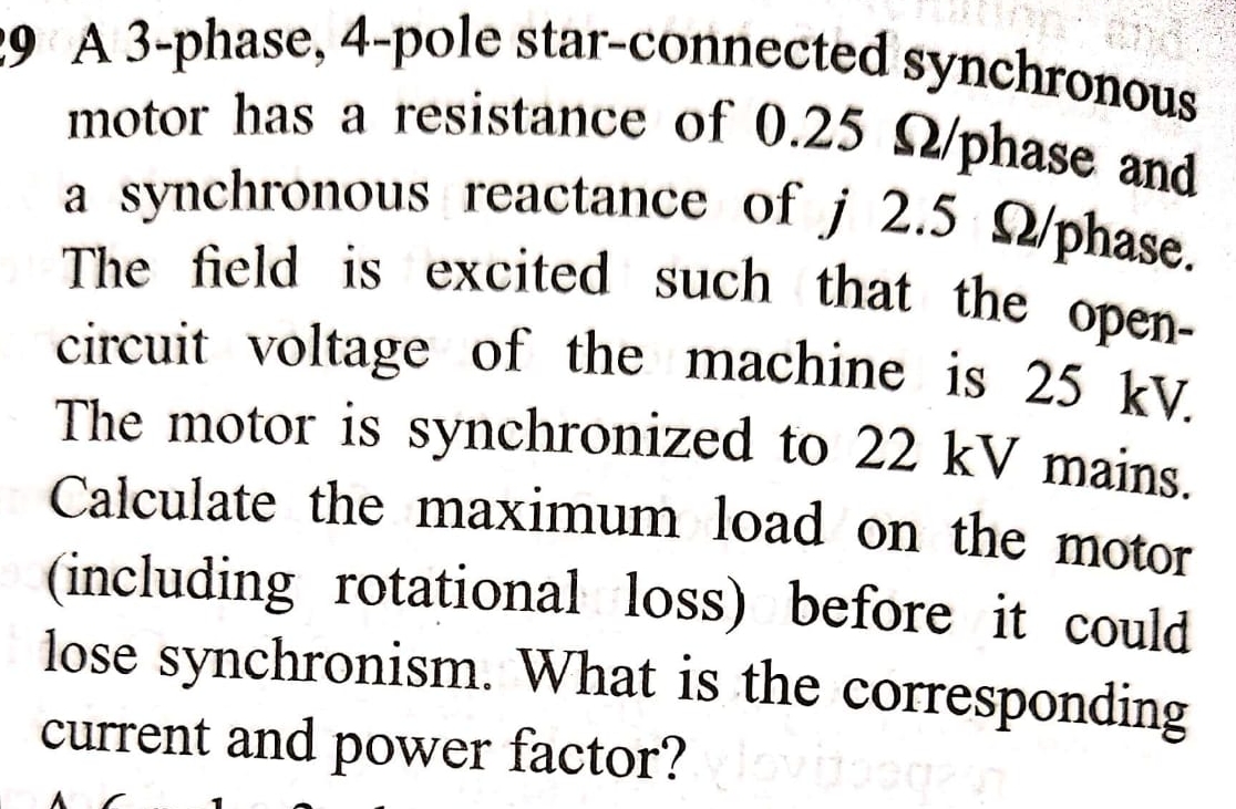 9 ﻿A 3-phase, 4-pole star-connected synchronous motor | Chegg.com