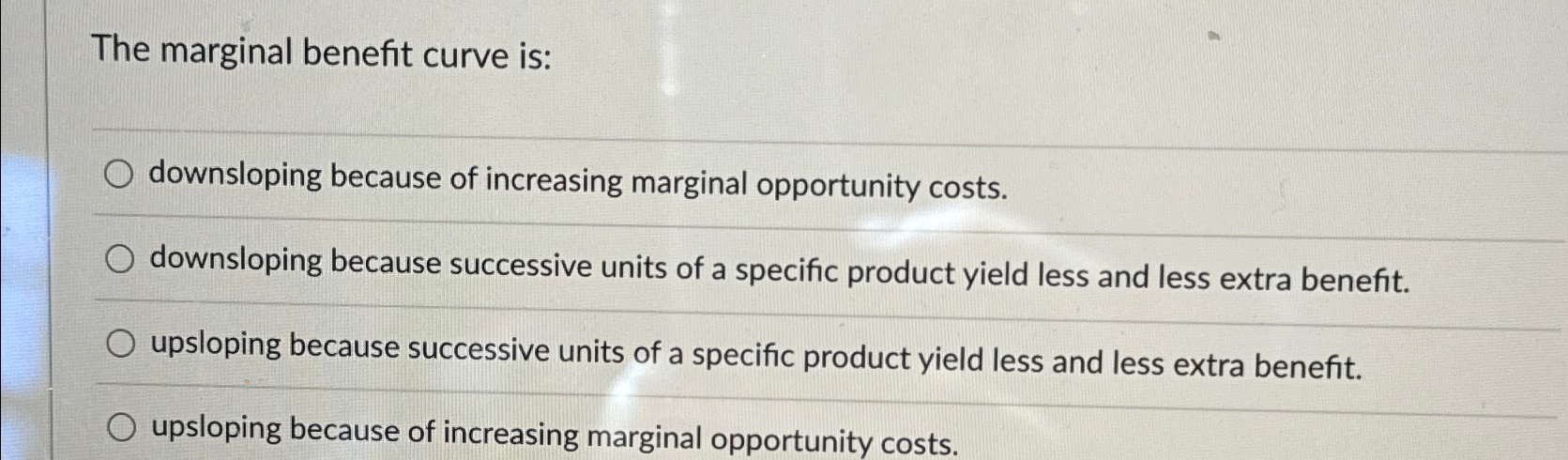 Solved The marginal benefit curve is:downsloping because of | Chegg.com