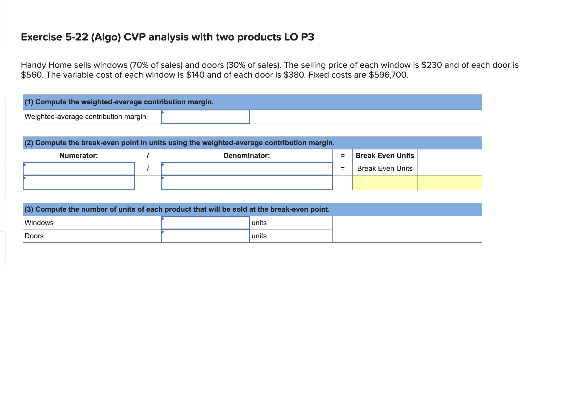Solved Exercise 5-22 (Algo) ﻿CVP analysis with two products | Chegg.com
