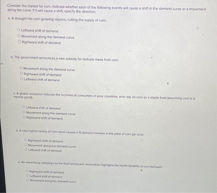 Solved Consider the market for corn. Indicate whether each | Chegg.com
