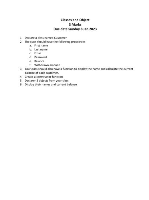 Solved Classes and Object 3 Marks Due date Sunday 8 Jan 2023 | Chegg.com