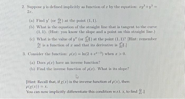 Solved 2. Suppose y is defined implicitly as function of x | Chegg.com