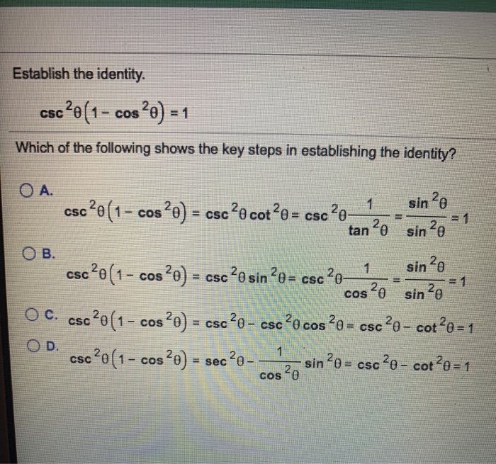 Solved Establish the identity. csc?e(1-сosle) = 1 Which of | Chegg.com