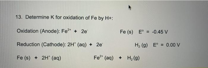 Solved 13. Determine K for oxidation of Fe by H+: Oxidation | Chegg.com