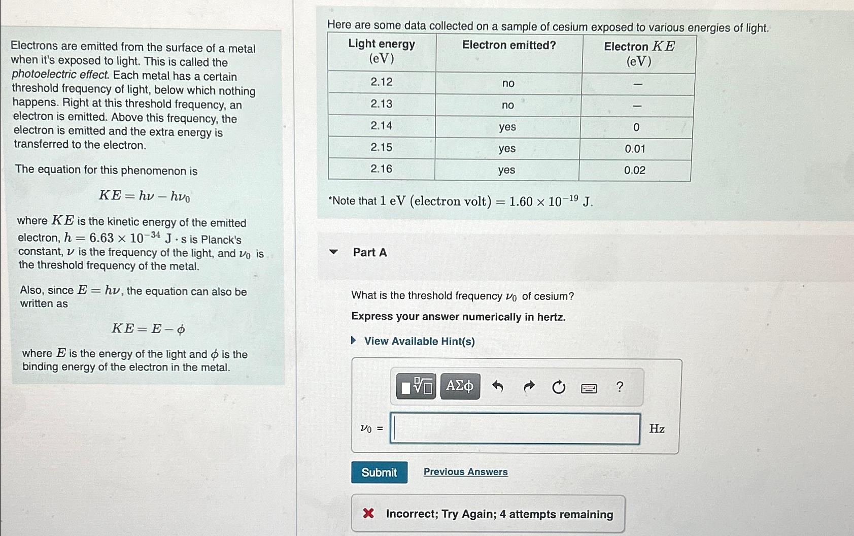 Solved Electrons are emitted from the surface of a metal | Chegg.com