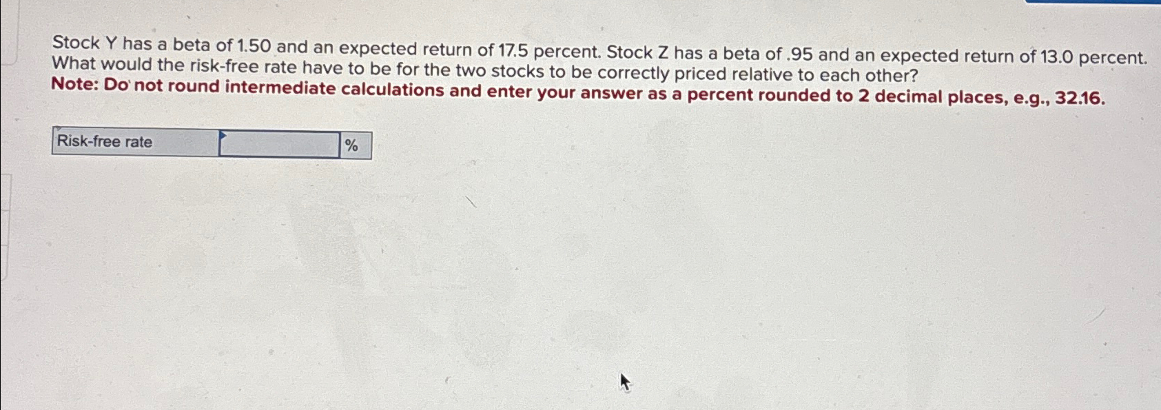 Solved Stock Y ﻿has a beta of 1.50 ﻿and an expected return | Chegg.com