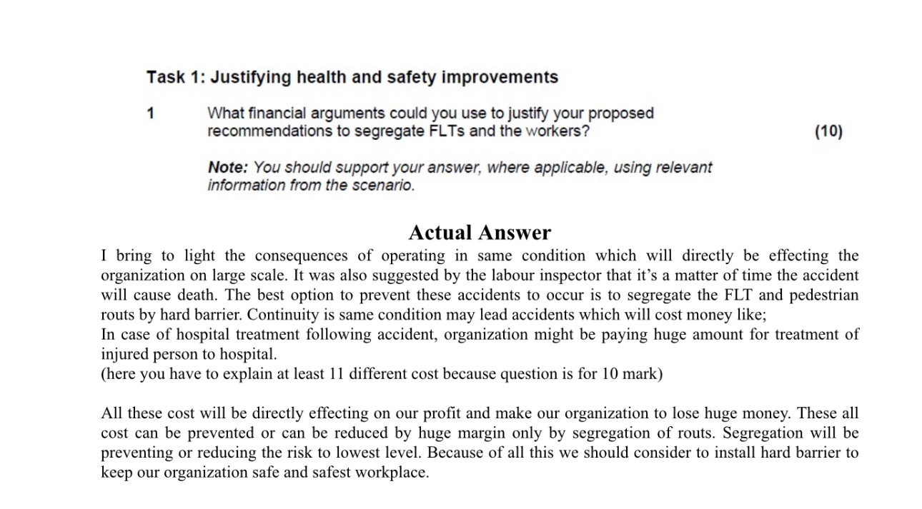 Solved Task 1: Justifying health and safety improvements1 | Chegg.com