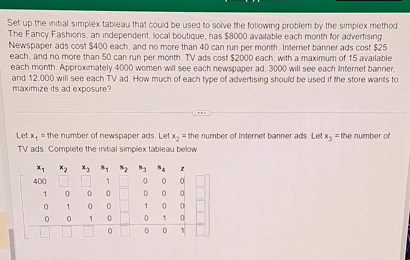 Solved Set up the initial simplex tableau that could be used | Chegg.com