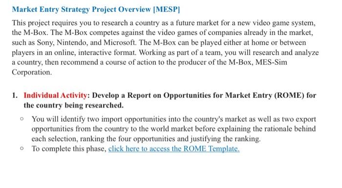 Solved Market Entry Strategy Project Overview (MESP] This | Chegg.com