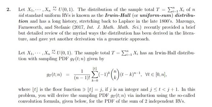 Use the sampling PDF gT(t;n) of the Irwin-Hall | Chegg.com
