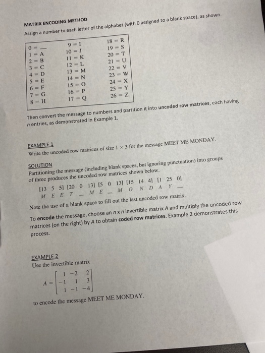 Solved MATRIX ENCODING METHOD Assign a number to each letter | Chegg.com