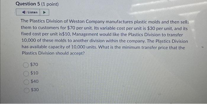 Solved The Plastics Division of Weston Company manufactures | Chegg.com