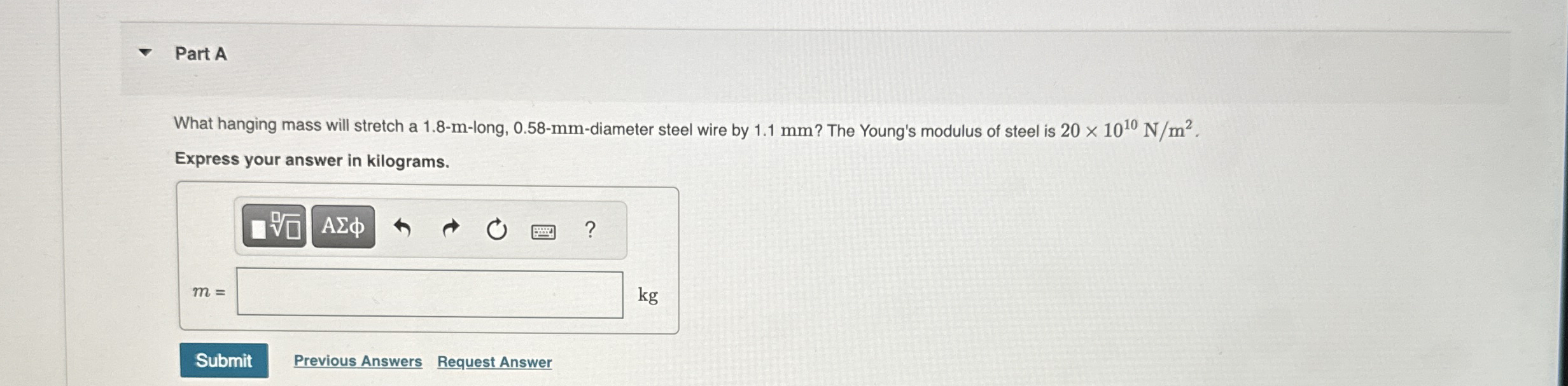Solved Part AWhat hanging mass will stretch a 1.8 -m-long, | Chegg.com