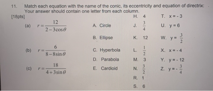 Solved 11. Match each equation with the name of the conic, | Chegg.com
