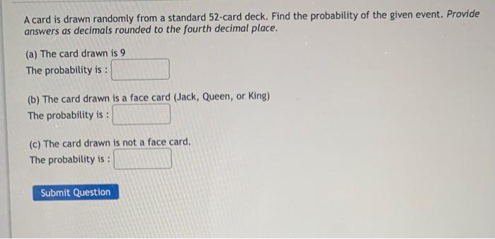 Solved A card is drawn randomly from a standard 52-card | Chegg.com Solved A card is drawn randomly from a standard 52-card | Chegg.com