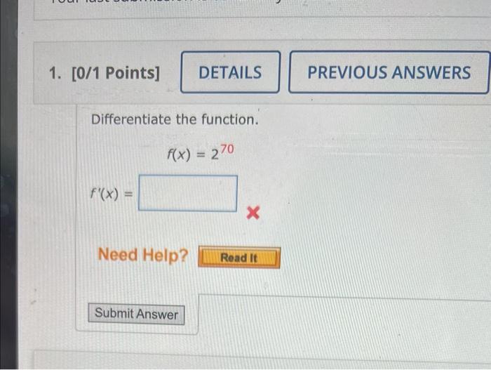 Solved Differentiate the function. f(x)=270 f′(x)= | Chegg.com