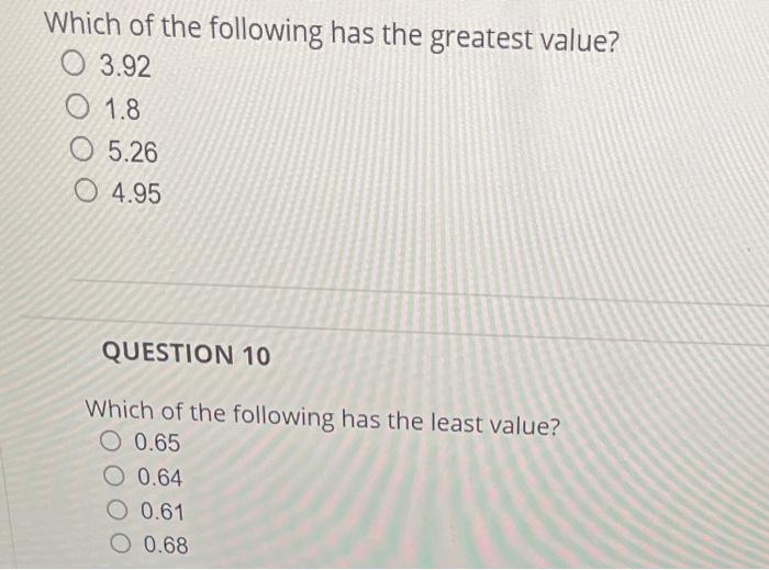 Solved Which of the following has the greatest value? 0 3.92 | Chegg.com