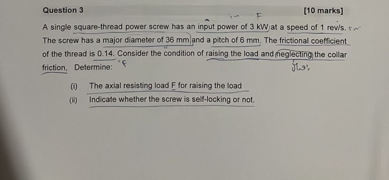 Solved Question 3[10 ﻿marks]A single square-thread power | Chegg.com