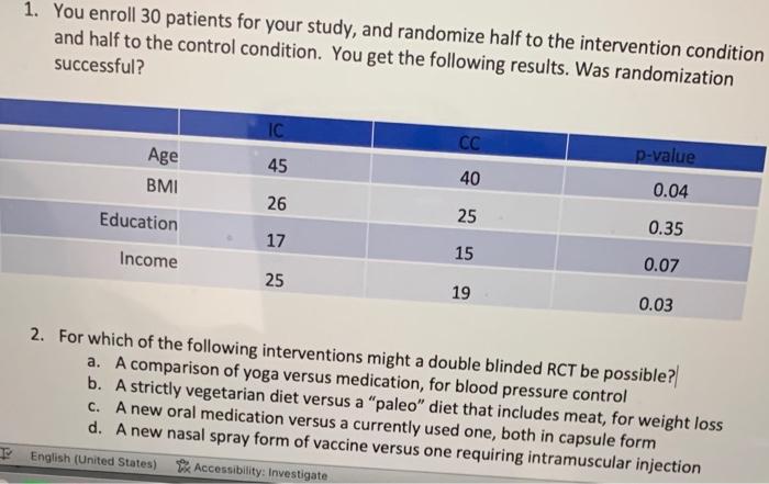 Solved 1. You enroll 30 patients for your study, and | Chegg.com