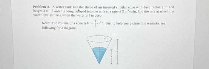Solved Problem 3. A water tank has the shape of an inverted | Chegg.com