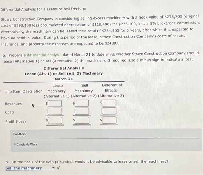 Solved Differential Analysis for a Lease-or-sell Decision | Chegg.com