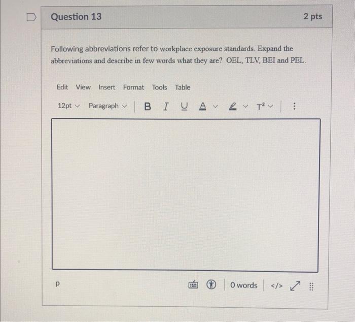 Solved Following abbreviations refer to workplace exposure | Chegg.com