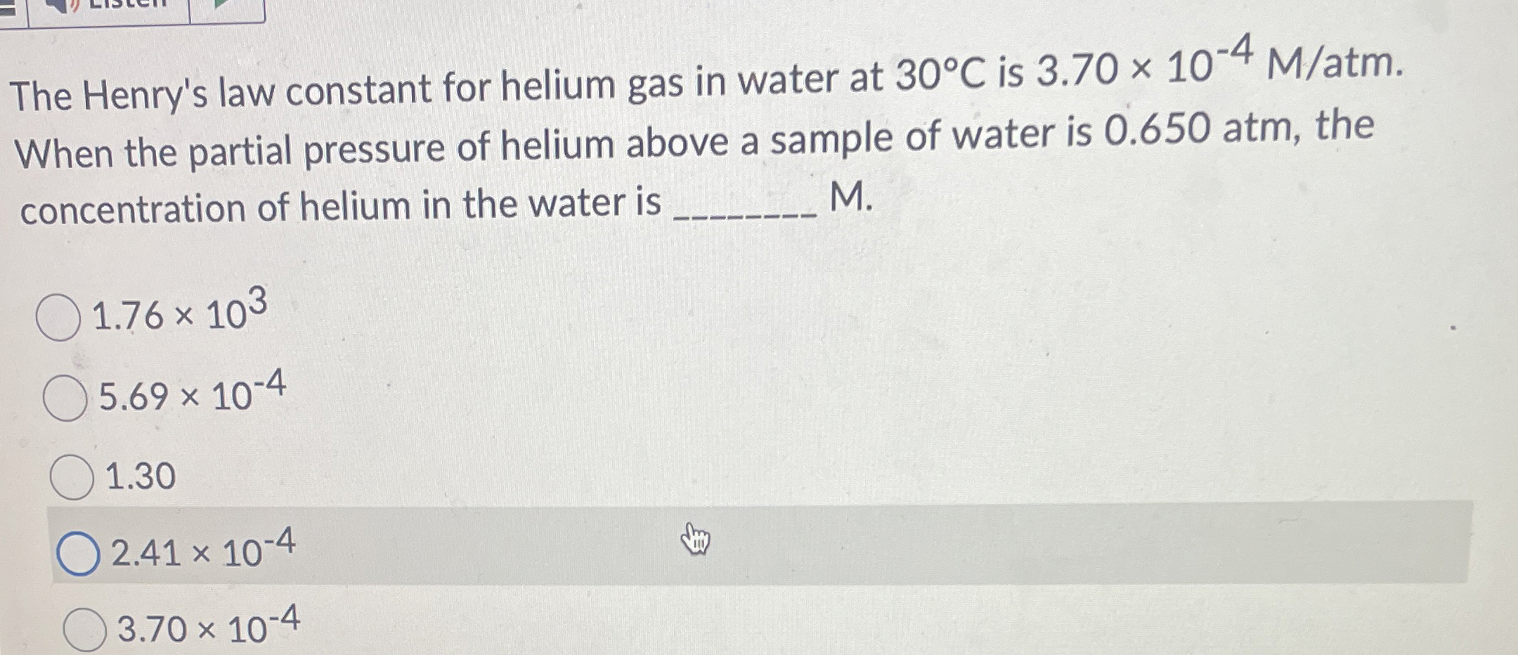 Solved The Henry's law constant for helium gas in water at | Chegg.com