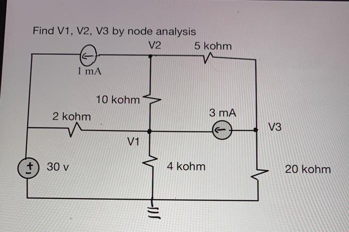 Solved Find V1, V2, V3 by node analysis V2 5 kohm E 1 mA 10 | Chegg.com