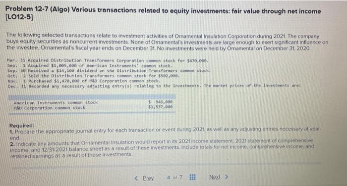 Solved Problem 12-7 (Algo) Various transactions related to | Chegg.com