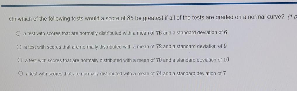 Solved On which of the following tests would a score of 85 | Chegg.com