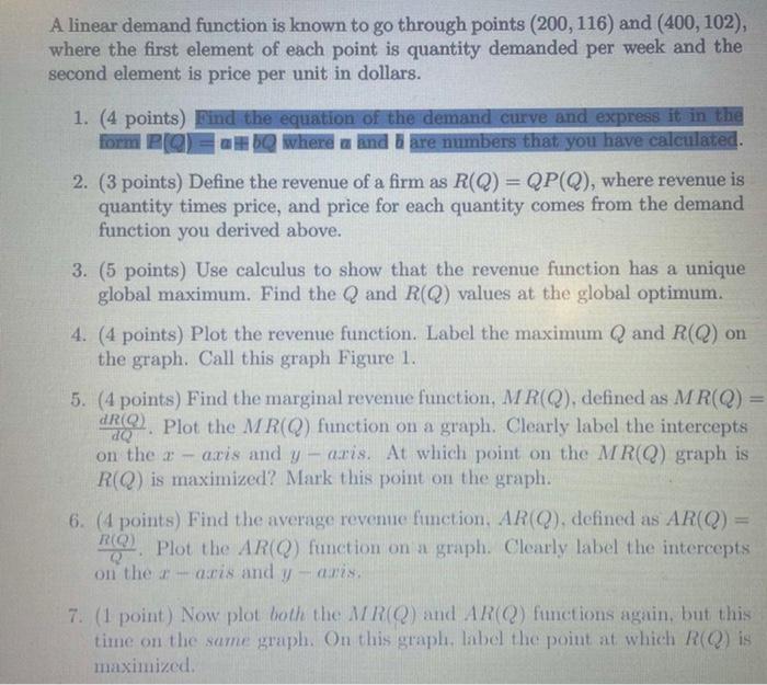 Solved A linear demand function is known to go through | Chegg.com
