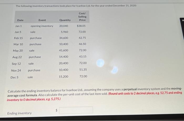 Solved The following inventory transactions took place for | Chegg.com