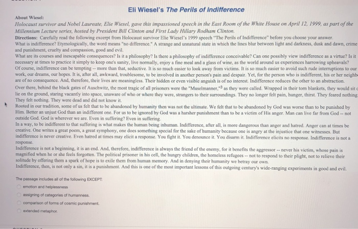 Eli Wiesel's The Perils of Indifference About Wiesel: | Chegg.com
