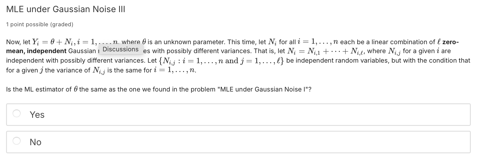 Solved MLE under Gaussian Noise III1 ﻿point possible | Chegg.com