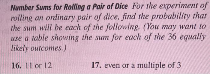 Solved Number Sums for Rolling a Pair of Dice For the | Chegg.com