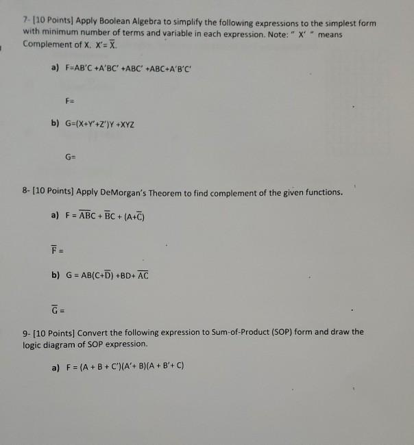 Solved 7- [10 Points) Apply Boolean Algebra to simplify the | Chegg.com