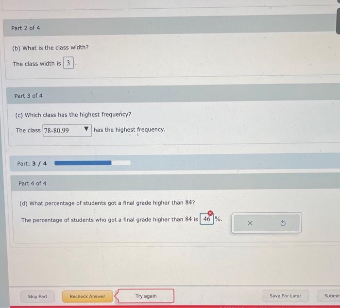 (b) What is the class width? The class width is Part | Chegg.com