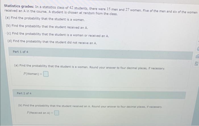Solved Statistics grades: In a statistics class of 42 | Chegg.com