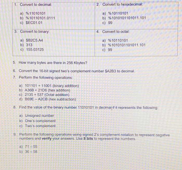 Solved 1. Convert to decimal: 2. Convert to hexadecimal: a) | Chegg.com