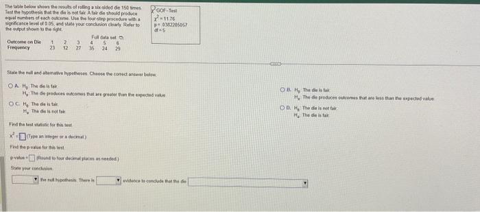 Solved The tabie bejour ahein the results of roling a | Chegg.com