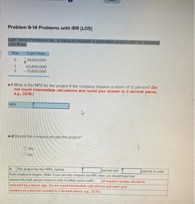 Solved Sove Problem 9-14 Problems with IRR [LO5] Light Sweet | Chegg.com