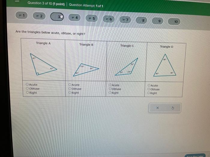 Solved Are the triangles below acute, obtuse, or right? | Chegg.com