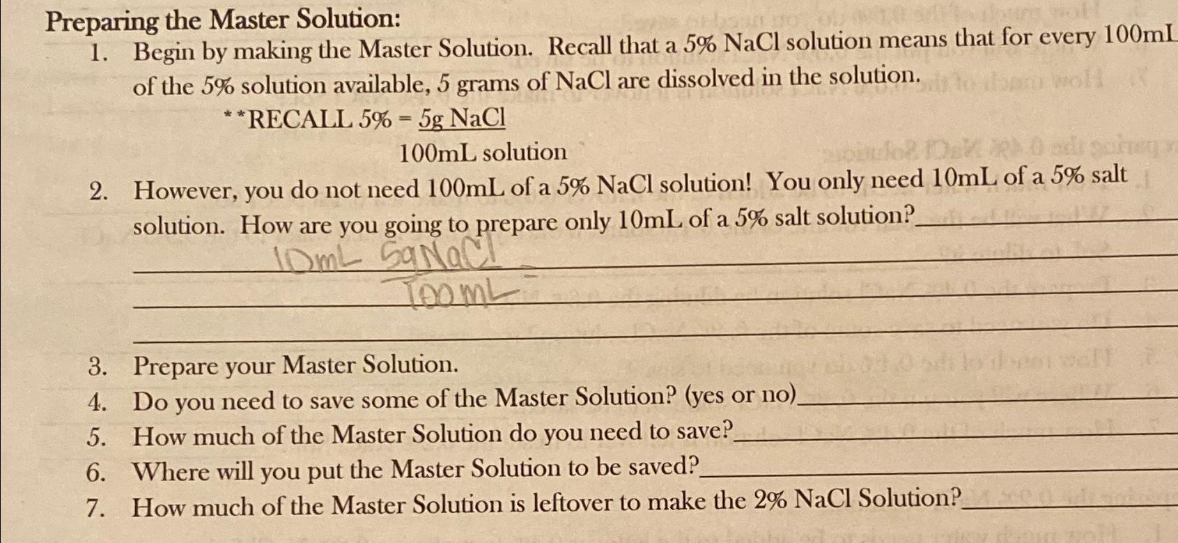 Solved Preparing the Master Solution:Begin by making the | Chegg.com