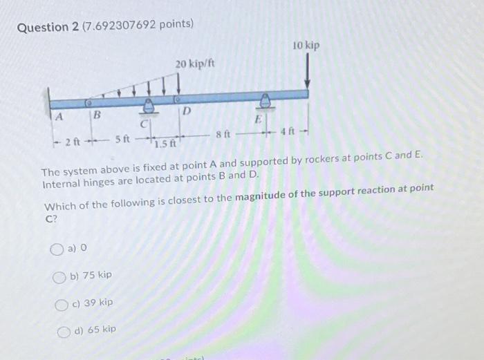 Solved Question 2 7692307692 Points 10 Kip 20 Kipft A B 