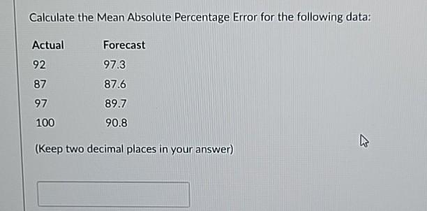 Solved Calculate the Mean Absolute Percentage Error for the | Chegg.com