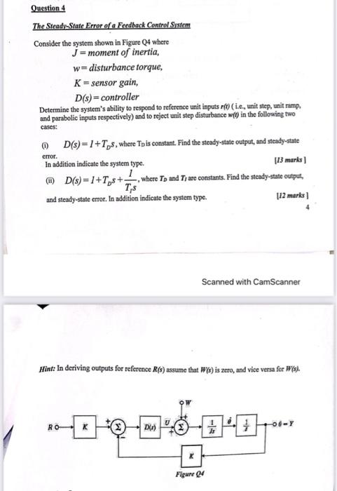 Solved Question 4 The Steady-State Error of a Feed back | Chegg.com