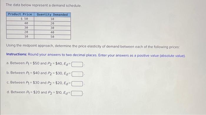 Solved The data below represent a demand schedule. Using the | Chegg.com
