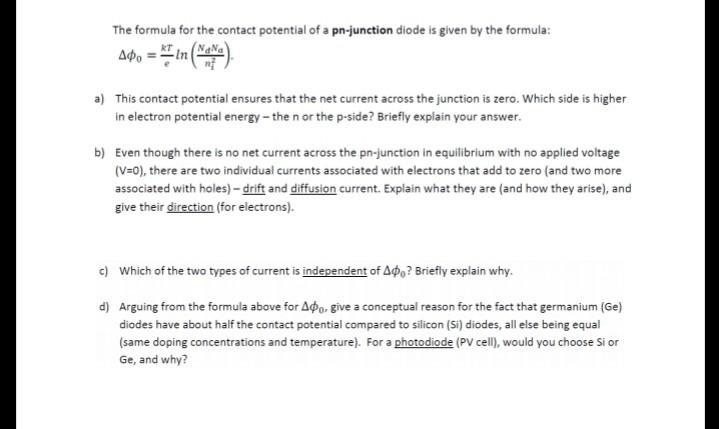 Solved The formula for the contact potential of a | Chegg.com