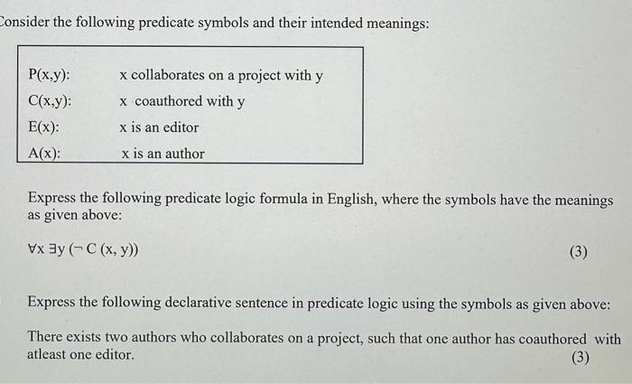 onsider the following predicate symbols and their | Chegg.com